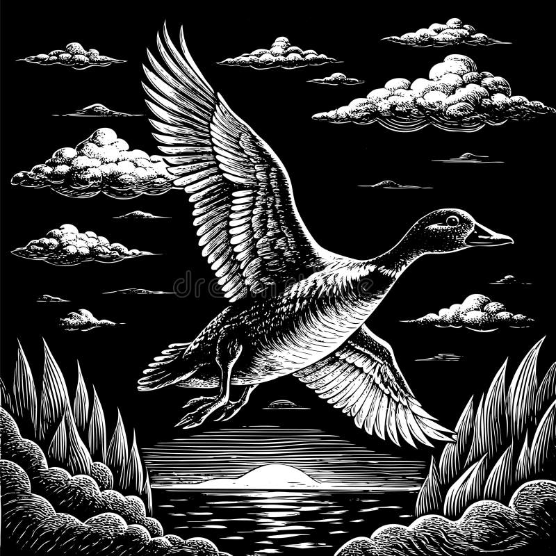 Mallard Duck Flying Black White Stock Illustrations – 496 Mallard Duck ...