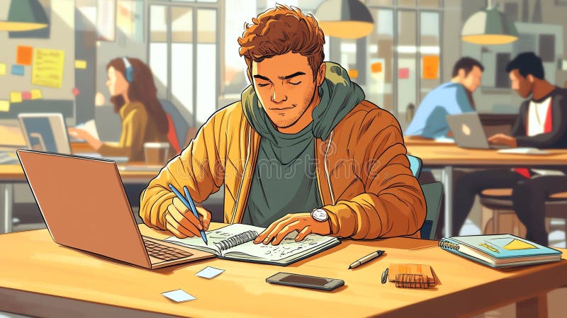 Illustration: Focused Student Studying in a Busy Office Stock Image ...