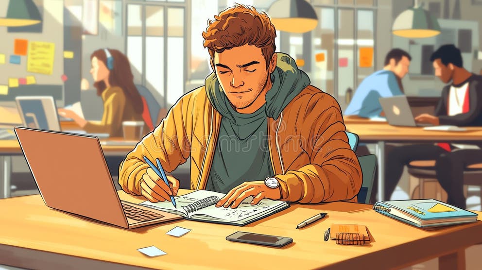 Illustration: Focused Student Studying in a Busy Office Stock Image ...