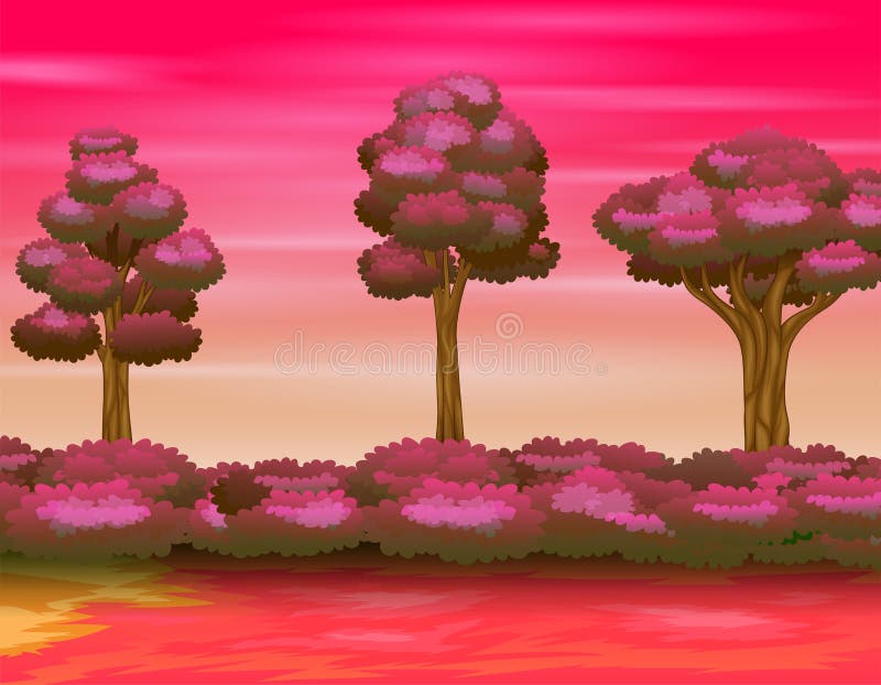 Illustration of Forest Landscape on the Pink Sky Stock Vector ...