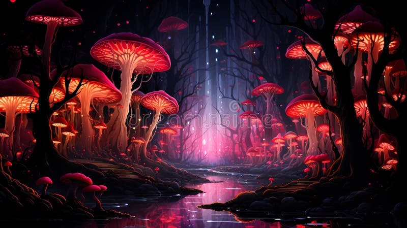 An Illustration of a Forest with Mushrooms and Red Lights AI Generated ...