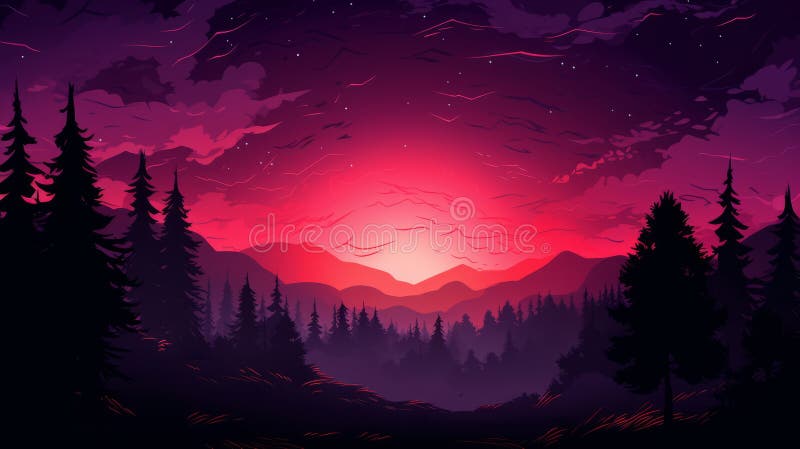 An Illustration of a Forest at Night with a Red Sky Stock Illustration ...