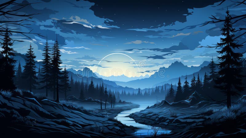 An Illustration of a Forest at Night with a River Running through it ...