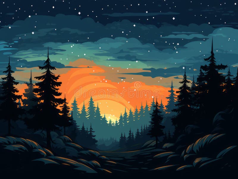 An Illustration of a Forest at Night with the Sun Setting Stock ...