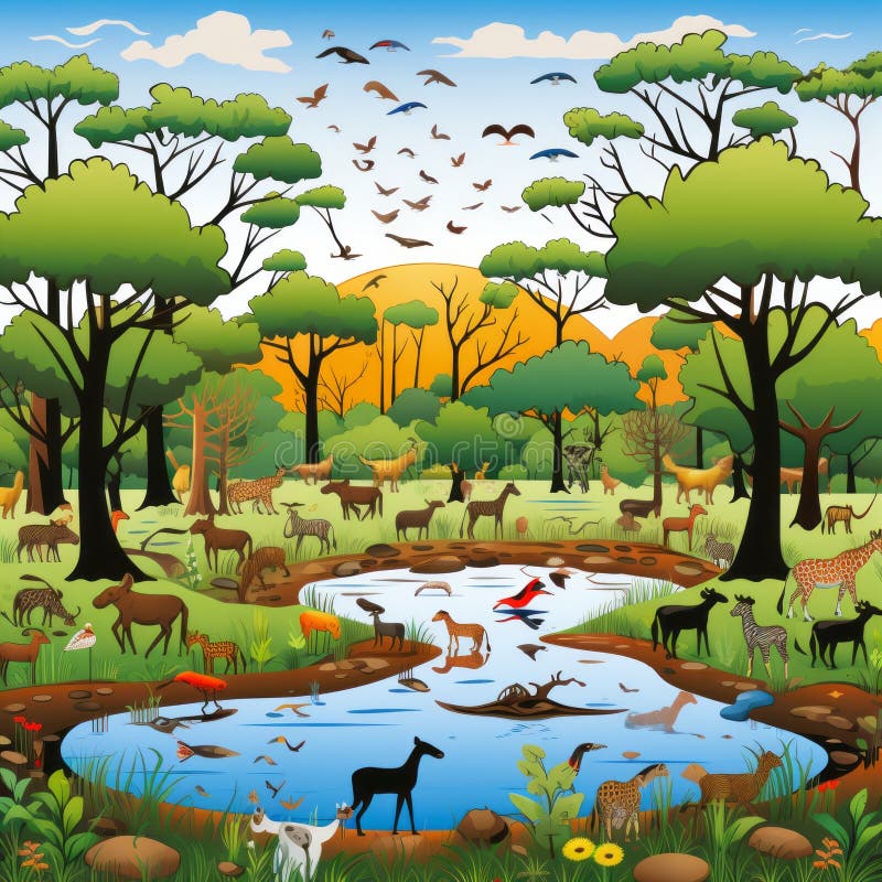 An Illustration of a Forest Scene with Animals and Birds Stock ...