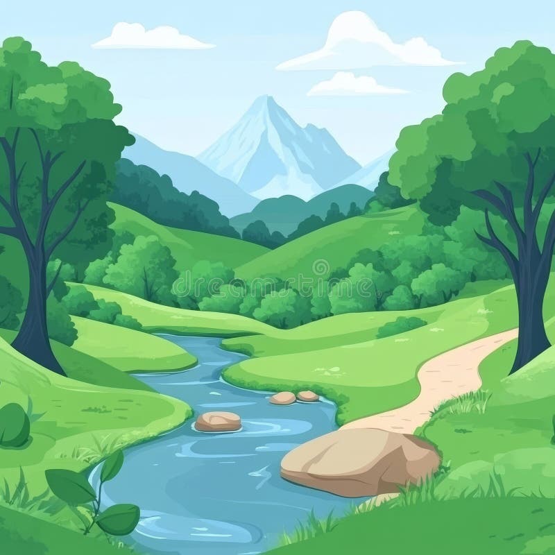 Illustration of a Forest Scene with Many Trees, a River, and a River ...