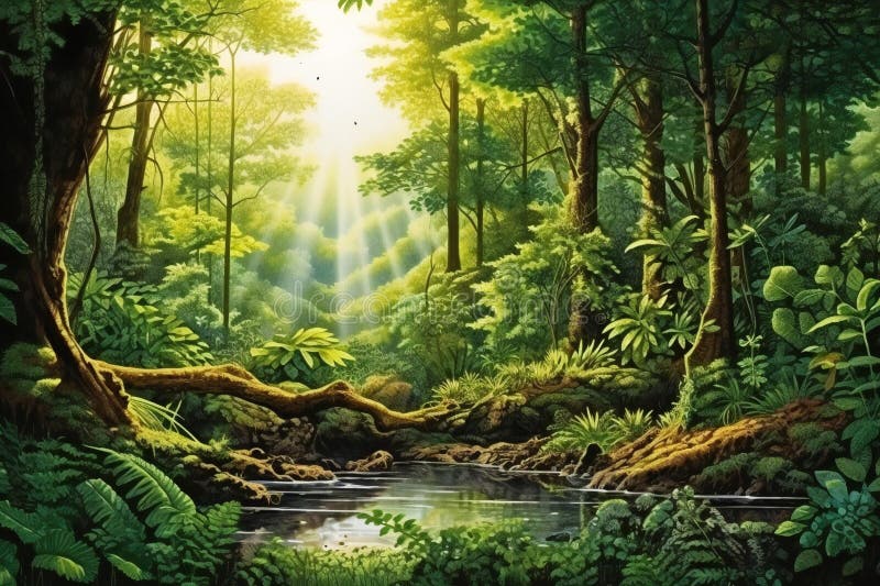 Forest and Stream in the Morning Light Stock Illustration ...