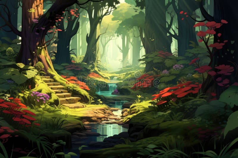 An Illustration of a Forest with a Stream and Steps, AI Stock Image ...