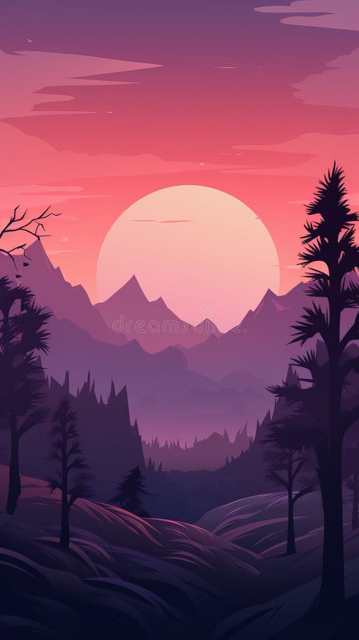 An Illustration of a Forest at Sunset with Mountains in the Background ...