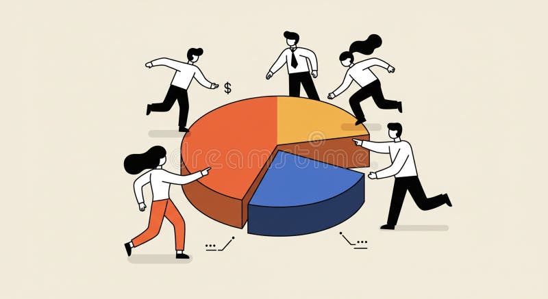 Llustration of Four Cartoon Figures Interacting with a 3D Pie Chart ...