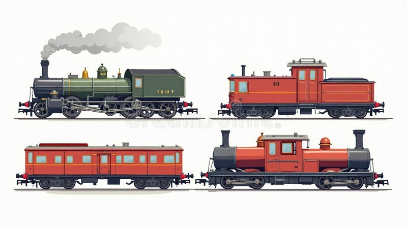 Set of Four Cartoon Trains in Side View on White Background Stock ...