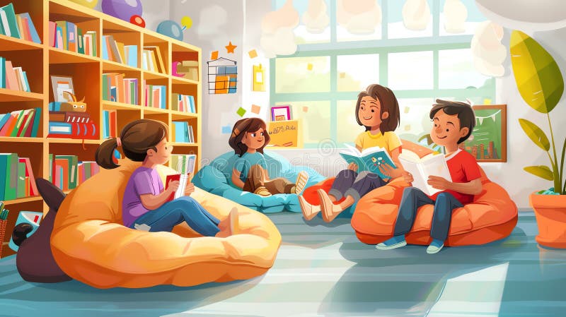 Illustration of Four Children Enjoying Reading Time in a Cozy Classroom ...