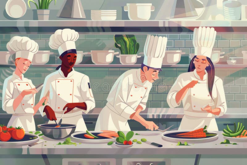 Illustration of Four Diverse Chefs Cooking in a Professional Kitchen ...