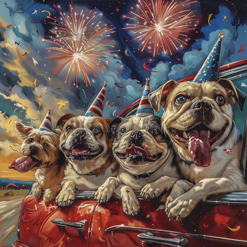 Illustration of Four Dogs Celebrating Fourth of July with a Car Ride ...
