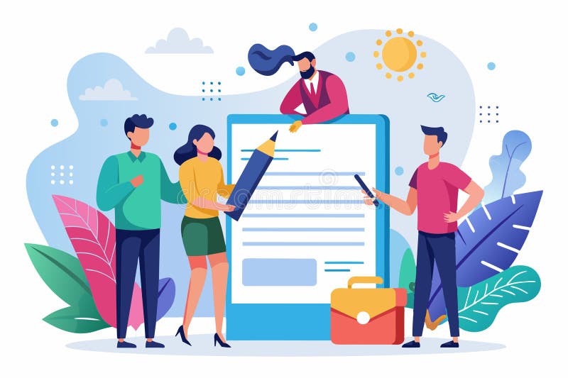 Illustration of Four People Signing a Contract on a Tablet Device ...