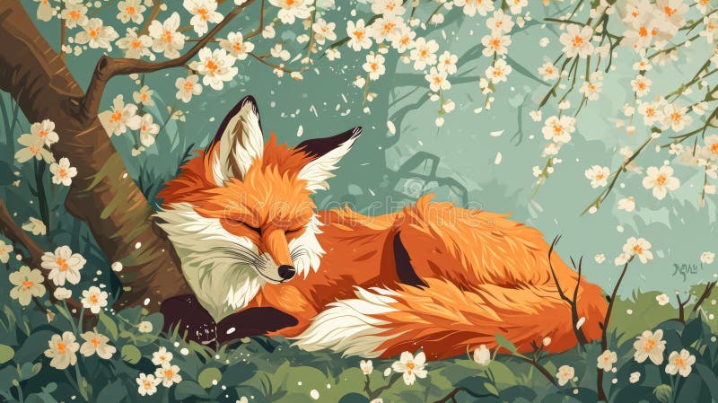 Illustration of a Fox in the Garden with Blooming Spring Flowers ...