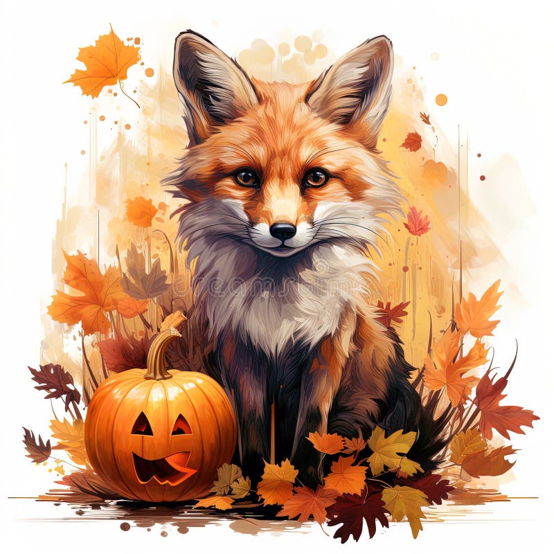 An Illustration of a Fox with a Halloween Carved Pumpkin and Dry Leaves ...