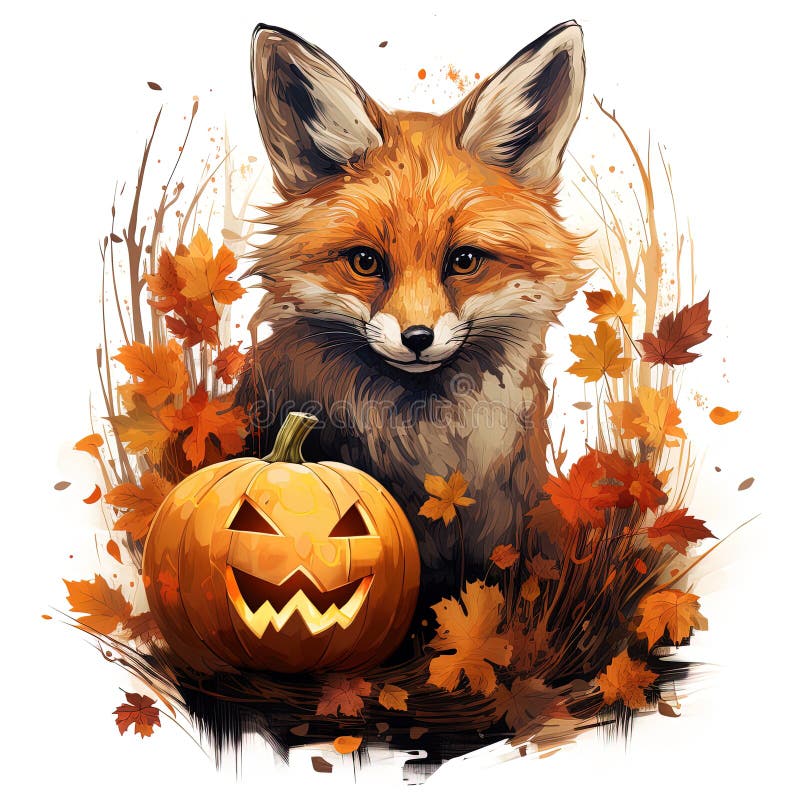 An Illustration of a Fox with a Halloween Carved Pumpkin and Dry Leaves ...