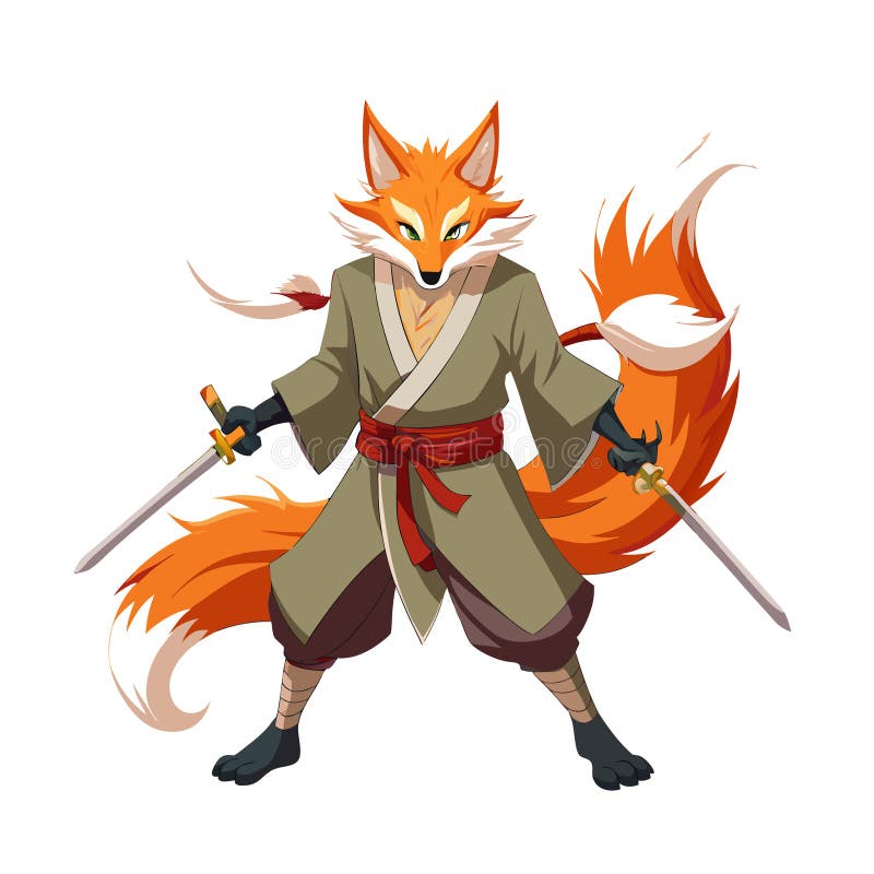 Fox Samurai Warrior Illustration: Anthropomorphic Fox with Swords Ready ...