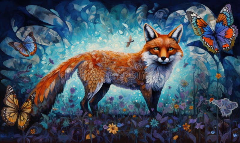 Illustration of Fox Surrounded by Painted Flowers Creating Using ...