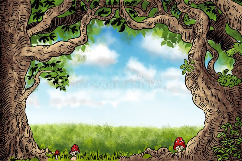 Frame Formed by Cartoon Trees for Copy Space with Landscape Stock Photo ...