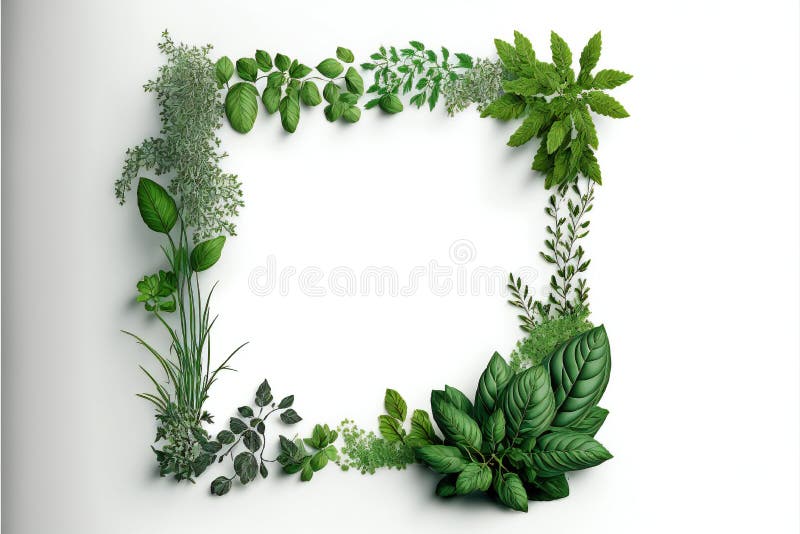 Frame of Green Herbs on White Background, Digital Illustration Painting ...