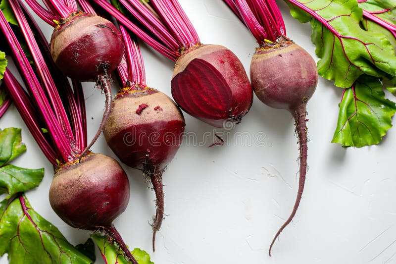 Fresh Beetroots with Leaves on a White Background, Top View Stock ...