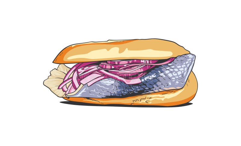 Illustration of a Fresh Fish Sandwich with Red Onions and Lettuce Stock ...
