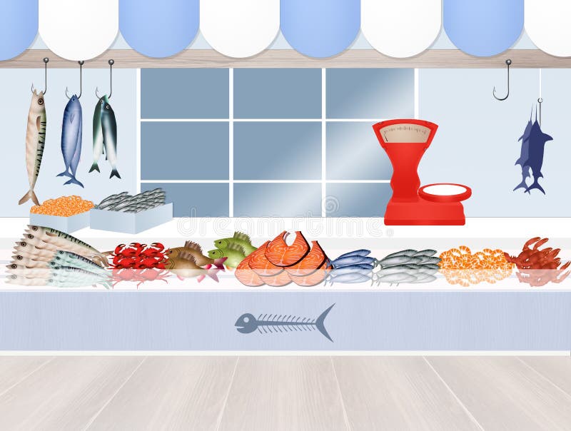 Fish Store Market And Freshness Seafood In Fridge Stock Vector ...