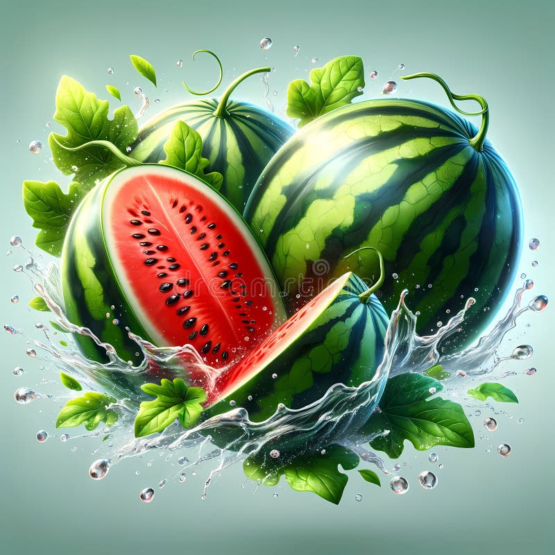 An Illustration of Fresh Watermelons with Water Splashing Stock ...
