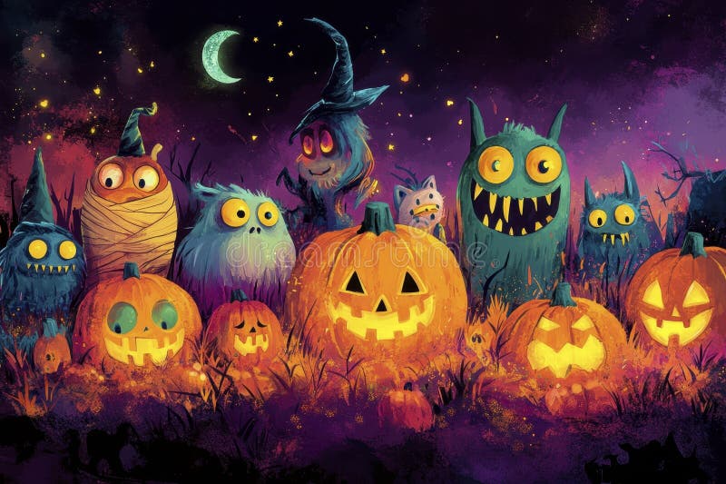 Illustration of Friendly Halloween Monsters in a Glowing Pumpkin Patch ...