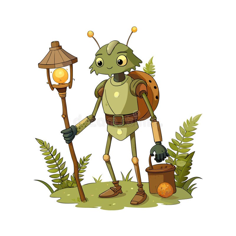Friendly Insect Robot Character with Lantern and Bucket in a Forest ...