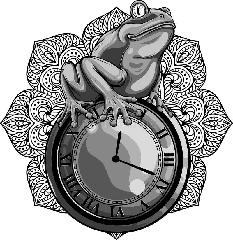 Monochromatic Illustration of Frog Sitting on Clock Stock Vector ...