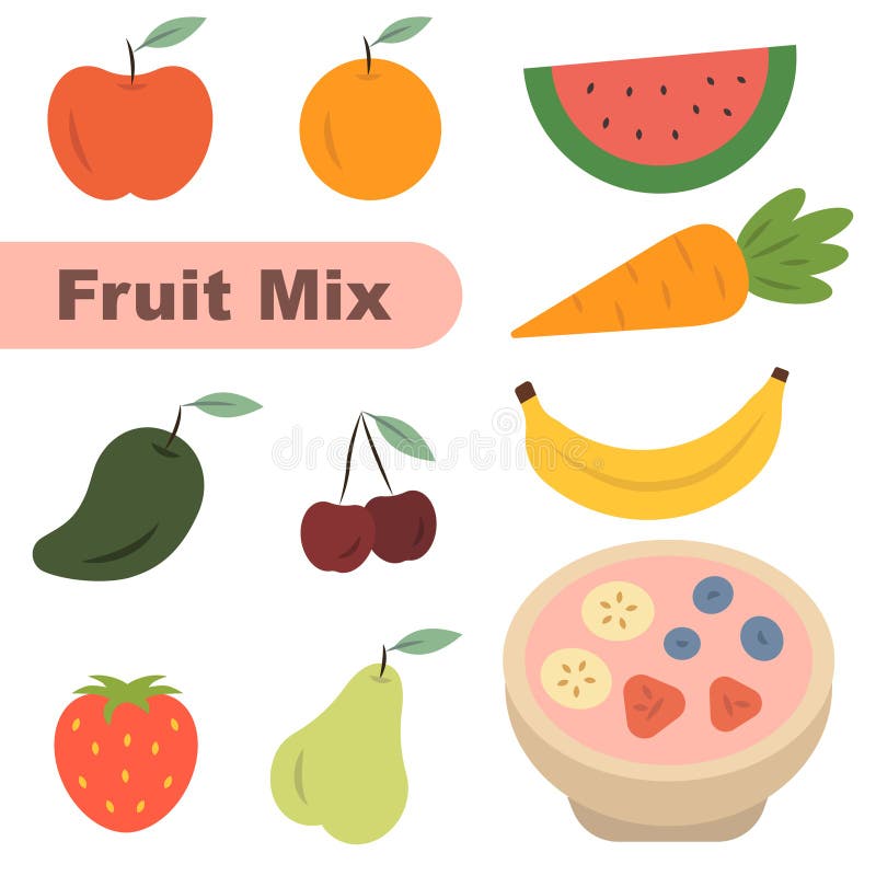 Illustration of Fruit Mix in Flat Style. Color Illustration with Set of ...