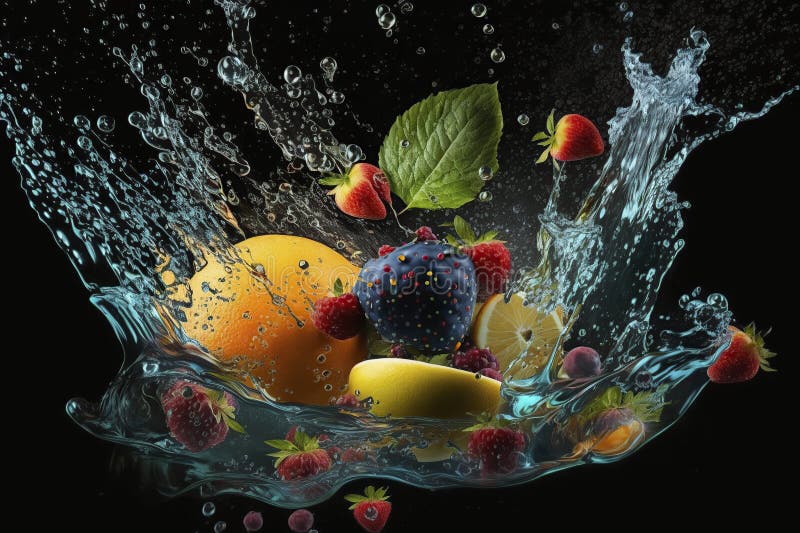 Illustration, Fruit Splash on Black Background, Ai Generative Stock ...