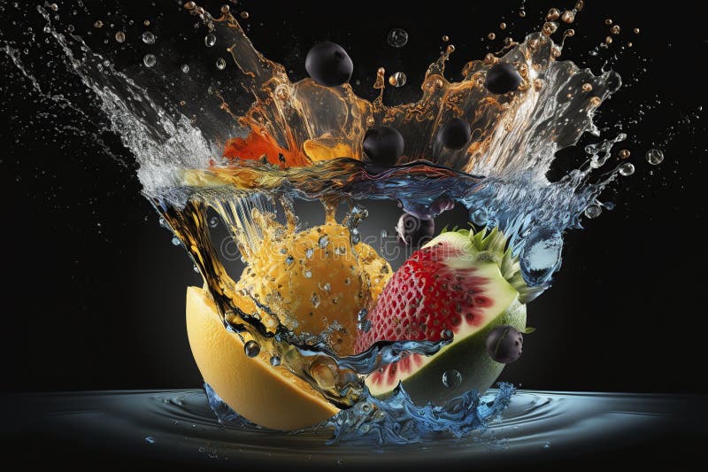 Illustration, Fruit Splash on Black Background, Ai Generative Stock ...