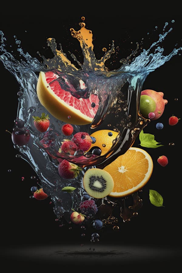 Illustration, Fruit Splash on Black Background, Ai Generative Stock ...