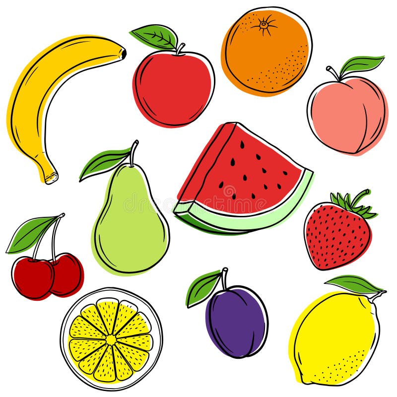 Illustration of a Fruits Set in a Contour Style with Bright Colors ...