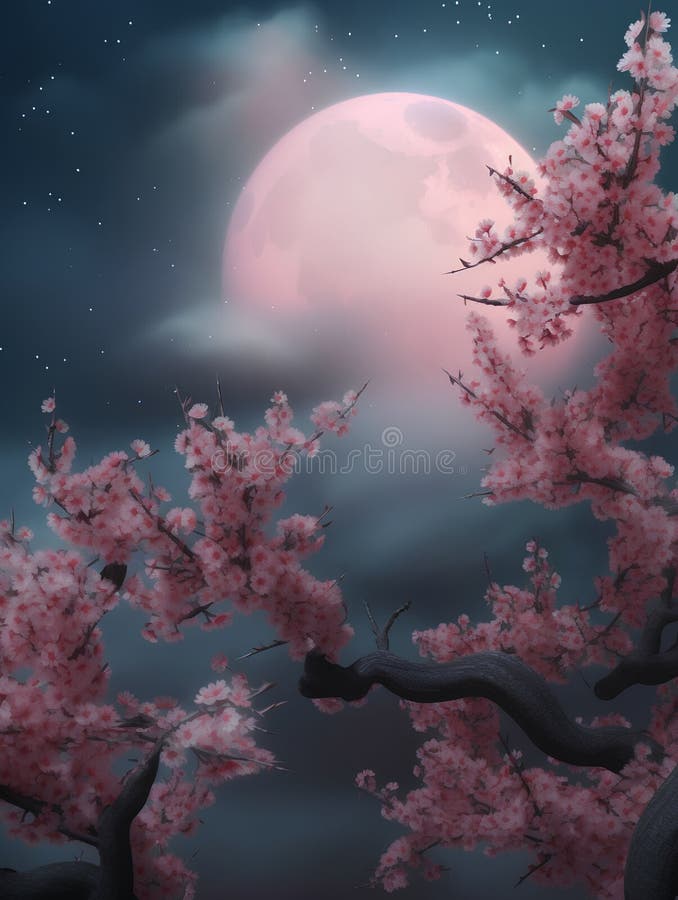 Illustration of a Full Moon and Cherry Blossom Tree in Full Bloom Stock ...