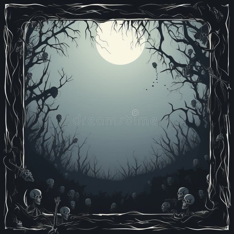 An Illustration of a Full Moon in a Frame with Trees and Skulls Stock ...