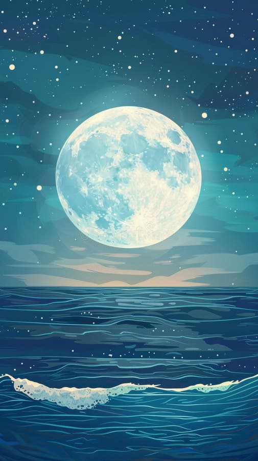 Illustration of a Full Moon Over the Ocean at Night Stock Photo - Image ...