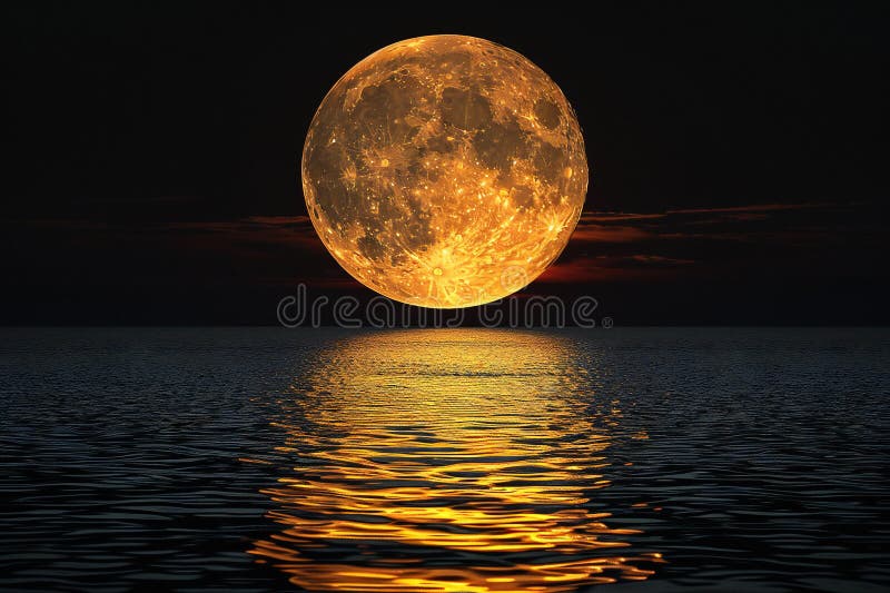 A Full Moon Over the Ocean with Reflection on the Water, Black ...