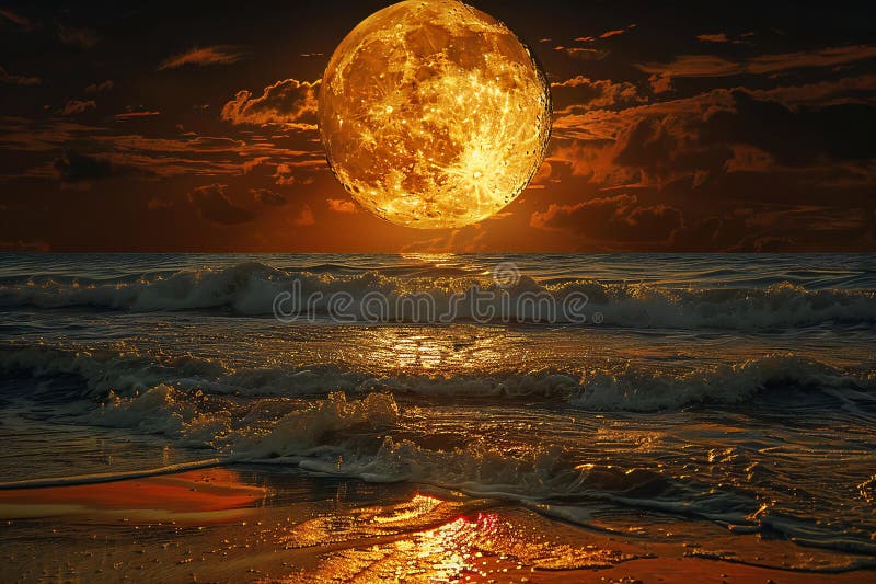Full Moon Over the Ocean, Reflection on the Water, Dark Background ...