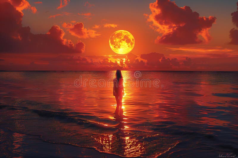 A Full Moon Setting Over the Ocean, Reflections on Water, Red Sky ...