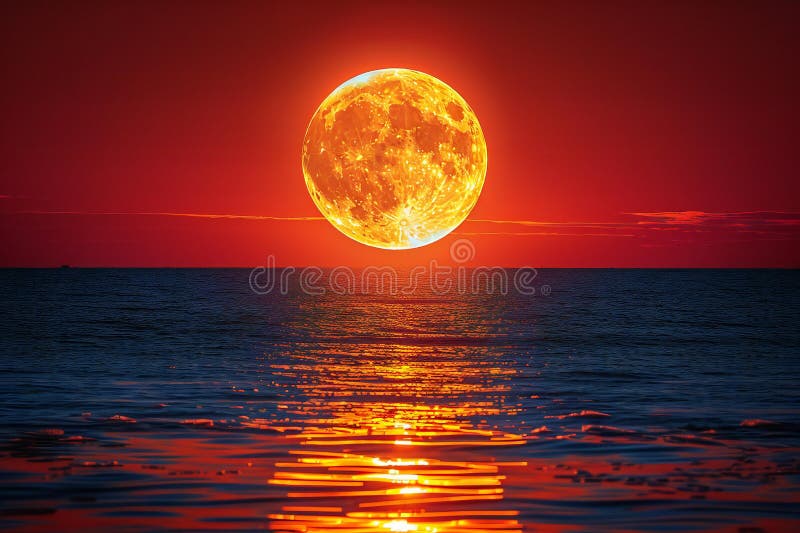 A Full Moon Setting Over the Ocean, Reflections on Water, Red Sky ...