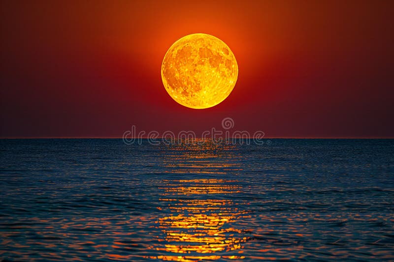 A Full Moon Setting Over the Ocean, Reflections on Water, Red Sky ...
