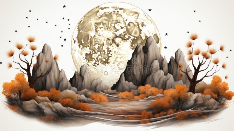 An Illustration of a Full Moon with Trees and Rocks Stock Illustration ...