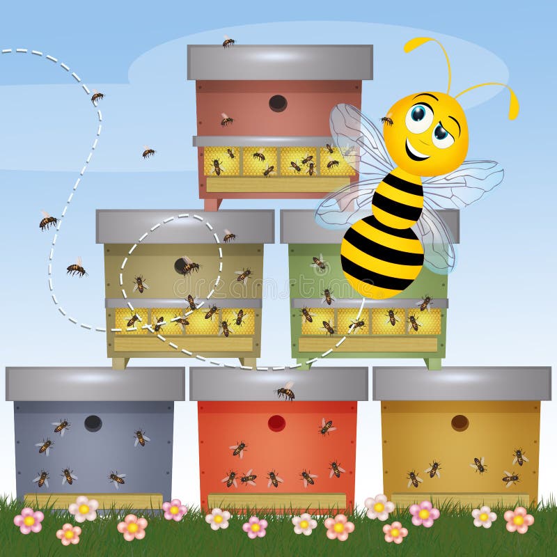 Funny bee and beehive stock illustration. Illustration of hives - 150374980