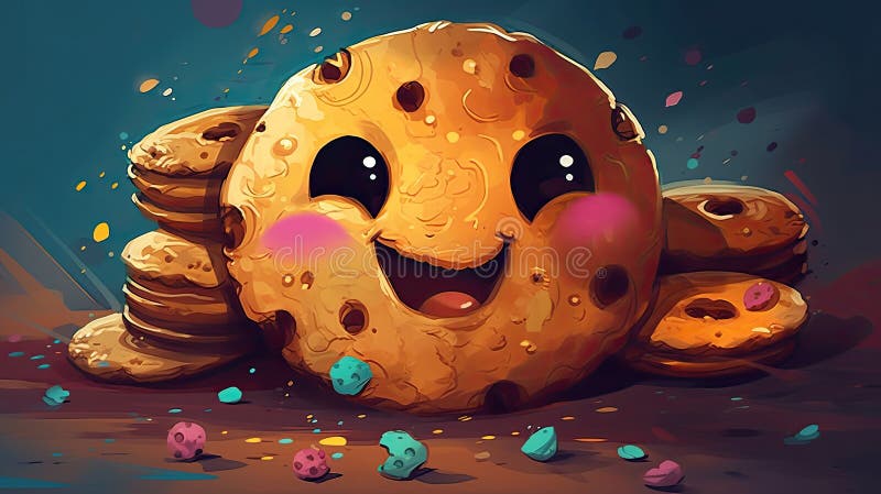 Illustration of a Funny Cookie with Eyes and Mouth on a Dark Background ...