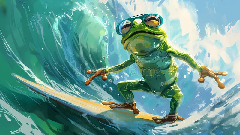 Illustration of a Funny Frog on a Surfboard in the Ocean, Generative AI ...